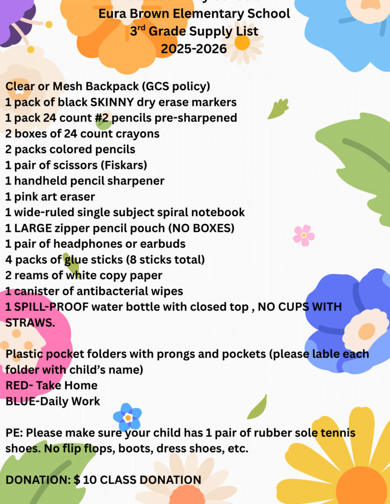 2025-2026 Supply Lists – Eura Brown Elementary School